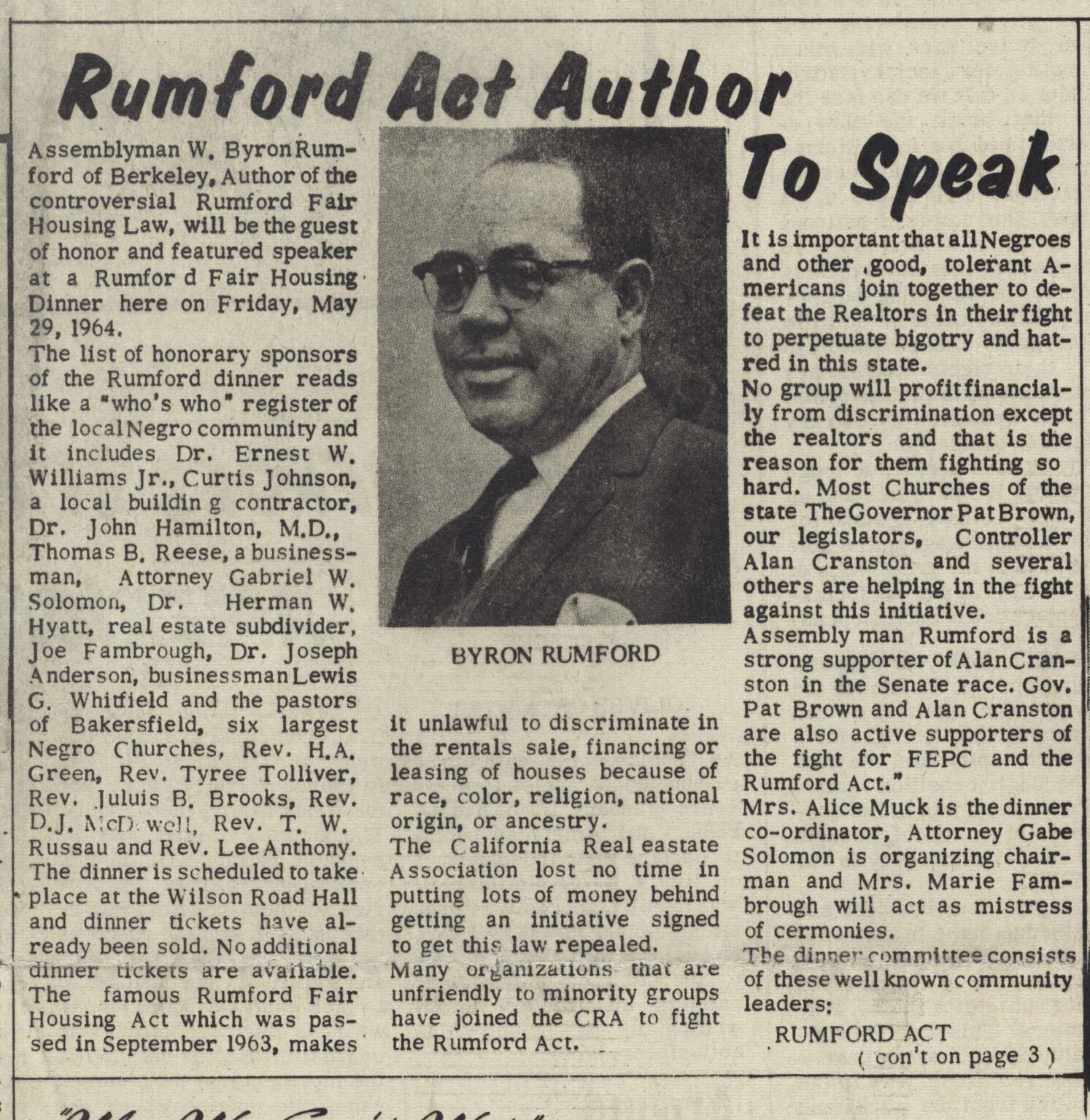 Rumford Fair Housing Act - Historical Research Center | CSU Bakersfield